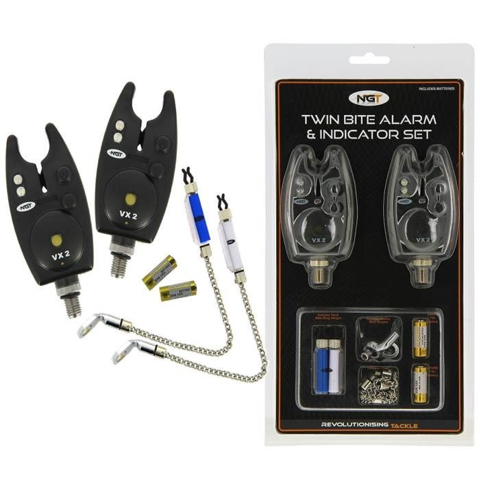 NGT Carp Fishing VX2 Bite alarms + Chain Indicator Bobbins Set, Batter ...